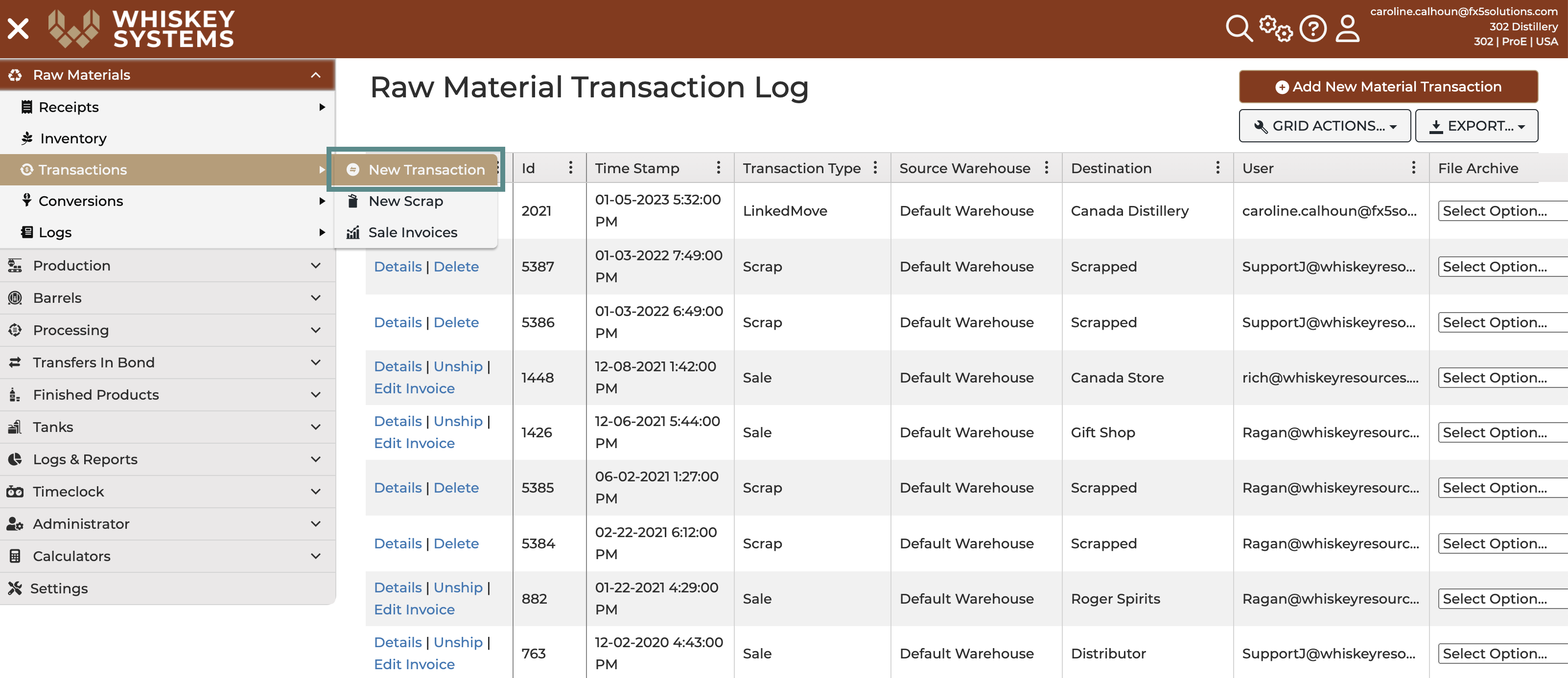 Create a New Raw Material Transaction – Whiskey Systems