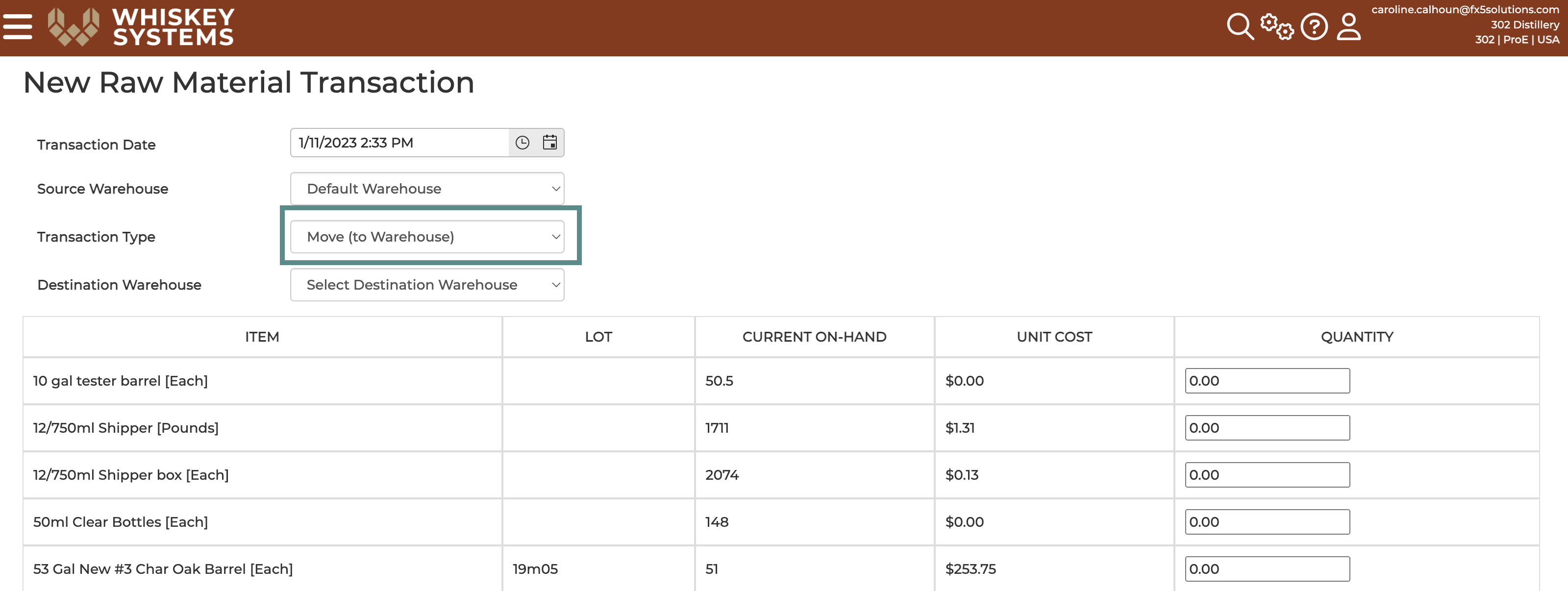 Create a New Raw Material Transaction – Whiskey Systems