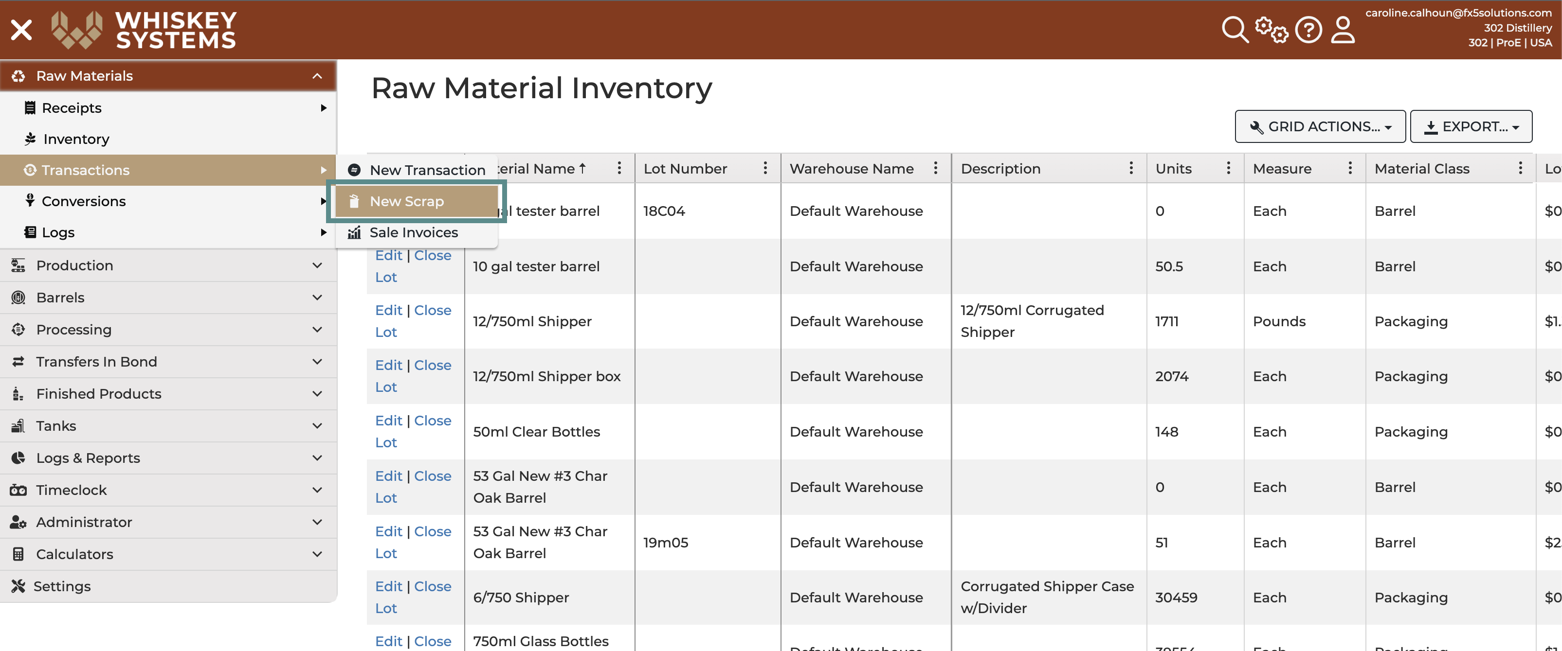 Scrap Raw Material Inventory – Whiskey Systems
