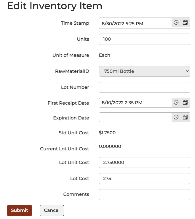 Adjust Quantity or Cost of Raw Material Inventory Items – Whiskey Systems